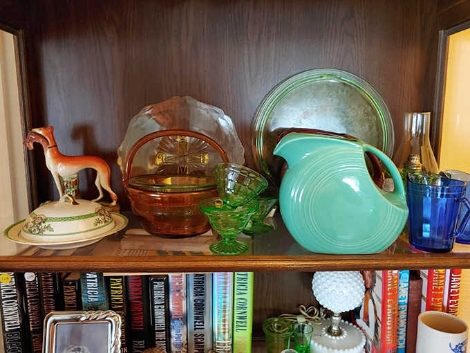 Colorful vintage glassware and pottery that adds instant personality to any shelf, because life's too short for boring dishes that all match perfectly.
