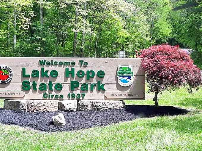 The welcoming entrance to Lake Hope State Park promises adventures that have been awaiting visitors since 1937 &ndash; no reservation required for memories.