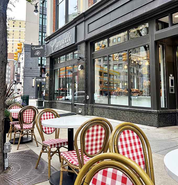 Red-checked chairs create a sidewalk caf&eacute; experience that transports you straight to Paris &ndash; no passport or jet lag required.