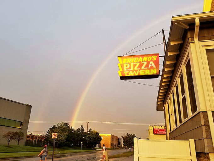 A rainbow arches over Fricano's sign &ndash; even Mother Nature knows where to find the pot of gold in Grand Haven.
