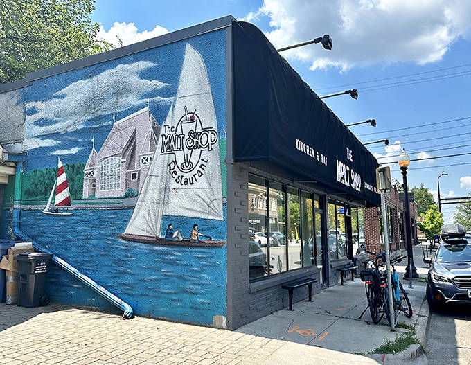 A vibrant mural of sailboats graces the exterior wall &ndash; a colorful tribute to Minnesota's lake culture that welcomes visitors before they even step inside.