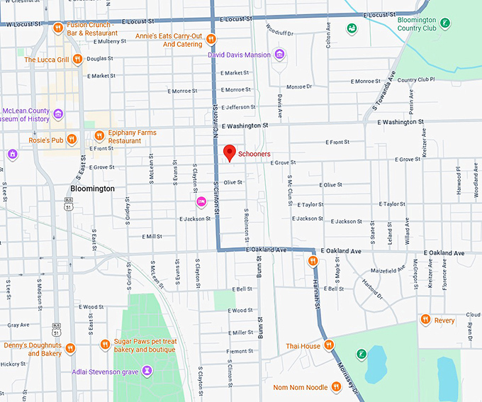 16. schooners (bloomington, il) map