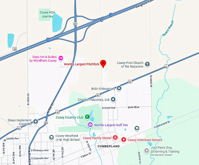 16. world's largest pitchfork (casey, il) map
