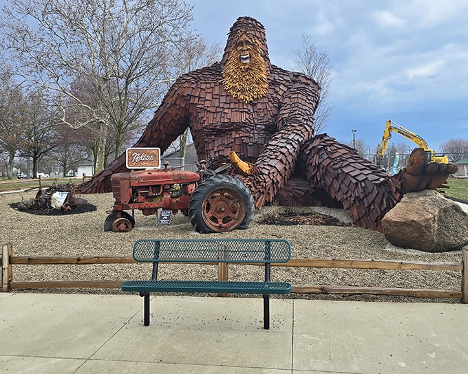 This wooden Sasquatch in Celina gives new meaning to "big foot" &ndash; towering over visitors with its shingle-covered frame and friendly expression.