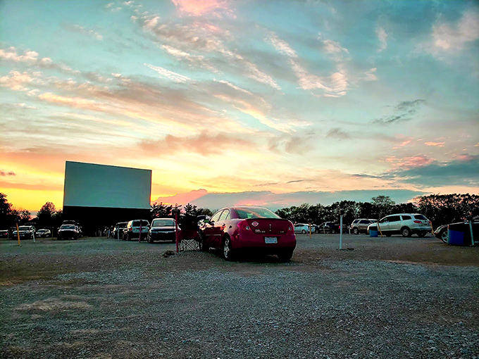 Sunset at Midway Drive-In creates a magical backdrop as cars settle in for showtime. The pink-orange sky promises a perfect night of movies under the stars.