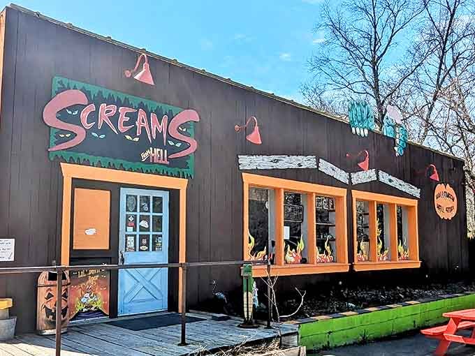 Scream's Ice Cream's devilishly fun exterior makes eating ice cream in Hell a heavenly experience. The orange-trimmed windows and spooky decor create the perfect backdrop for your frozen treats.
