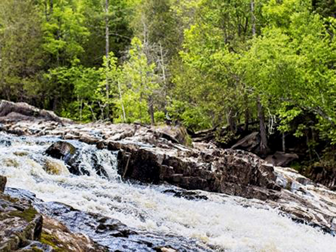 Breakwater Falls tumbles over ancient rocks, creating nature's perfect soundtrack for forest bathing among Wisconsin's northern pines.