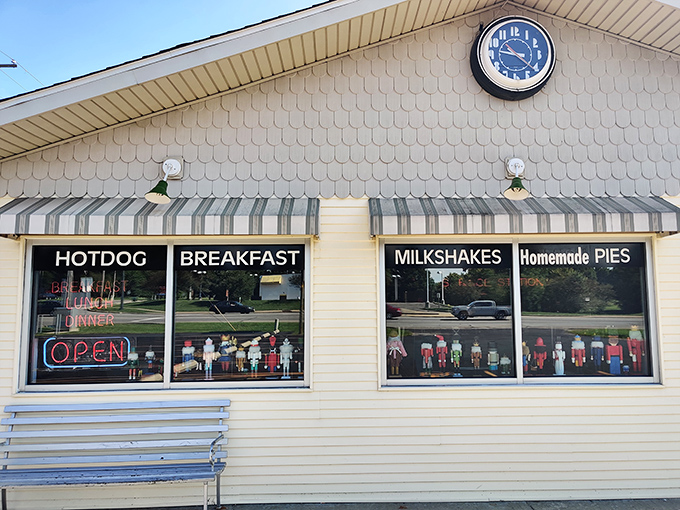The windows proudly advertise "HOTDOG," "BREAKFAST," "MILKSHAKES," and "Homemade PIES" &ndash; all the essential food groups of diner cuisine!