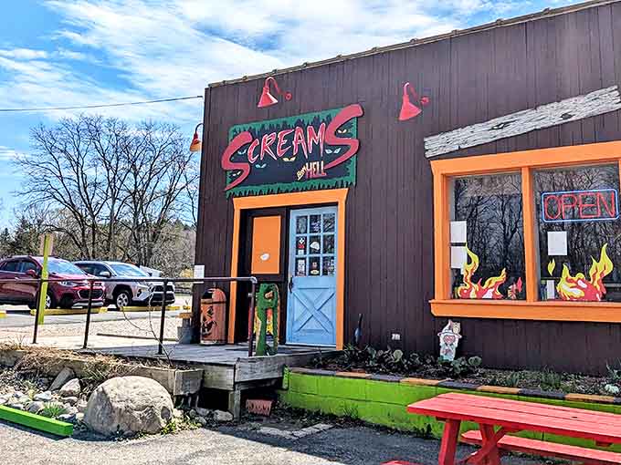 Even on a bright blue day, Scream's Ice Cream brings the heat with its fiery window decorations and playful Hell-themed atmosphere. A must-stop for both ice cream and novelty seekers.