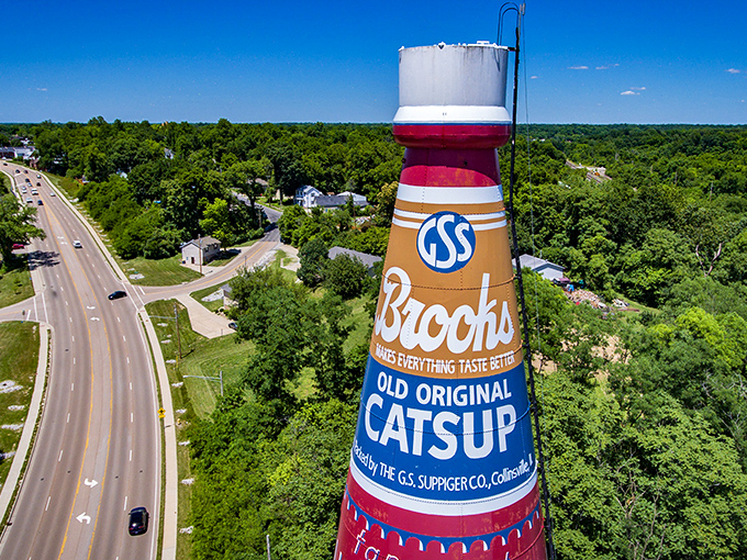 This 170-foot tall vintage-styled Brooks Catsup bottle water tower has been catching eyes and confusing GPS systems since the 1940's.