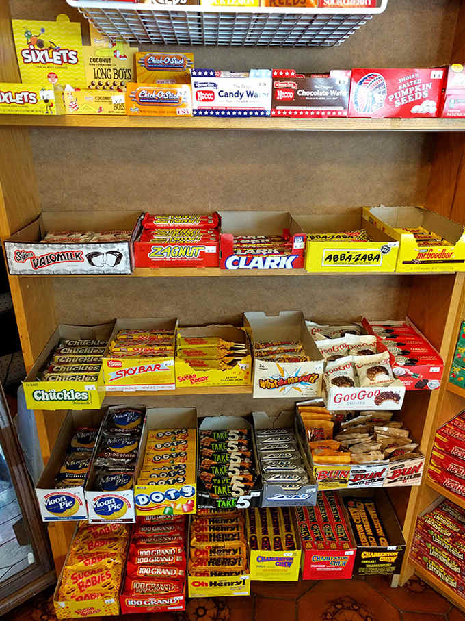 Shelves packed with retro candy classics create a timeline of American confectionery history, each box a delicious artifact from simpler times.