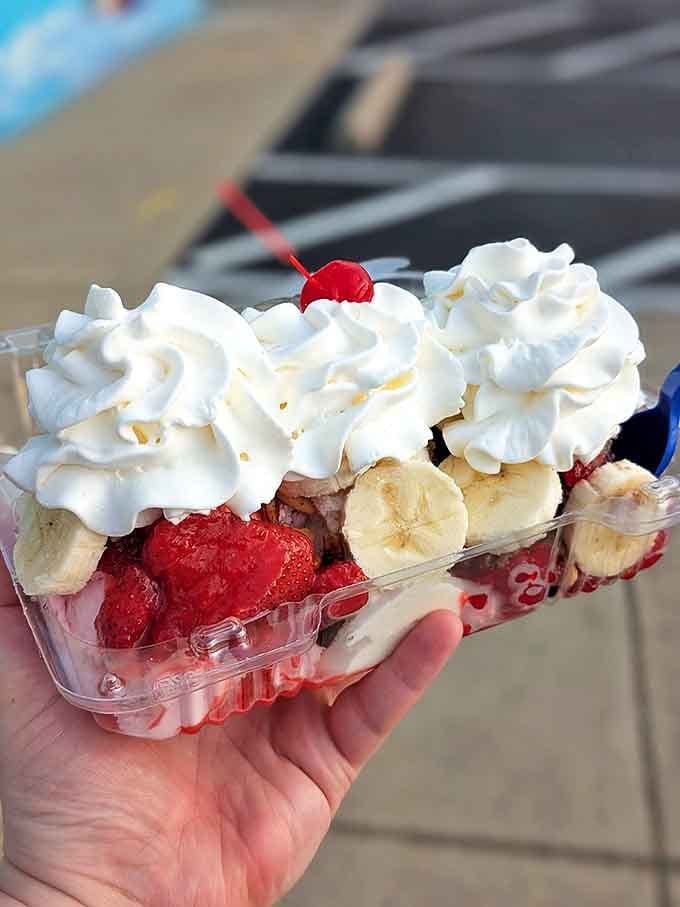 A symphony of textures &ndash; creamy ice cream, fresh fruit, and billowy whipped cream create the dessert equivalent of a standing ovation.