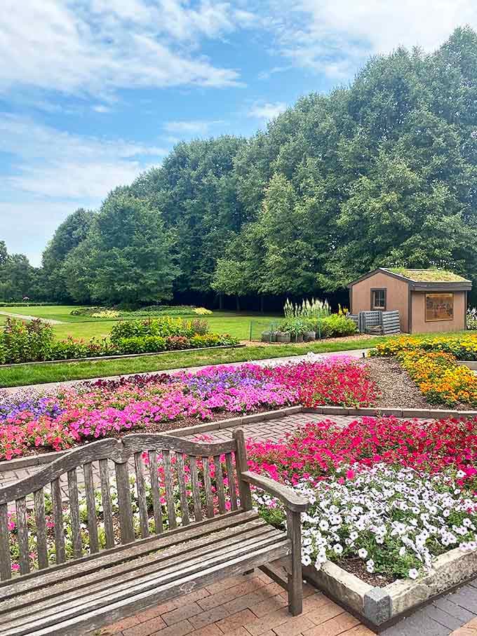 A weathered wooden bench invites contemplation amid a kaleidoscope of blooms &ndash; nature's color therapy session in full swing.