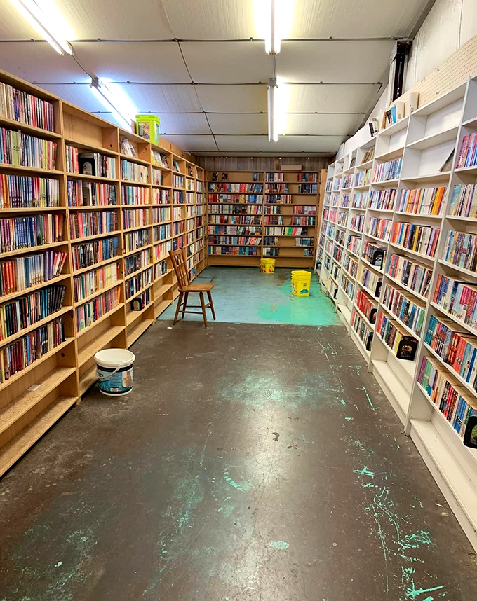 Floor-to-ceiling shelves create literary canyons to get happily lost in. That lonely stool invites you to sit and sample before committing.