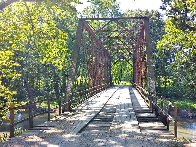 Sunlight plays through the iron latticework, creating ever-changing patterns that dance across the bridge's surface.