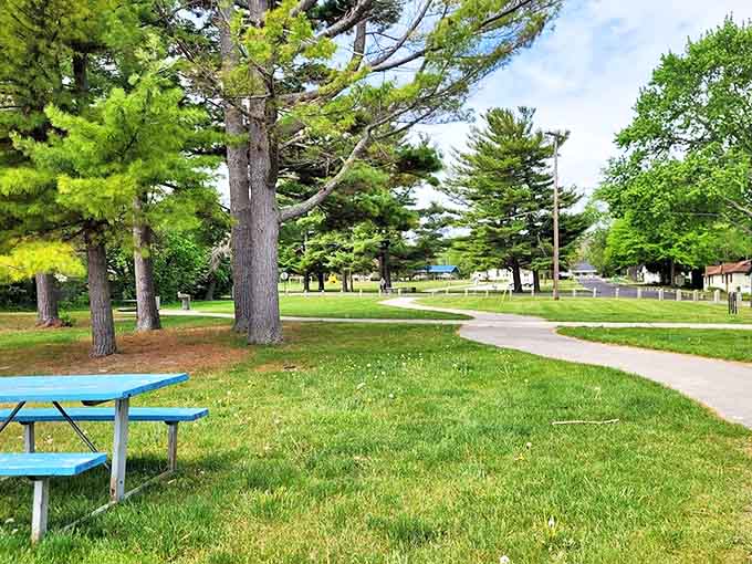 This cheerful blue picnic table waits patiently among towering pines, ready to host your family's laughter-filled lunch break.