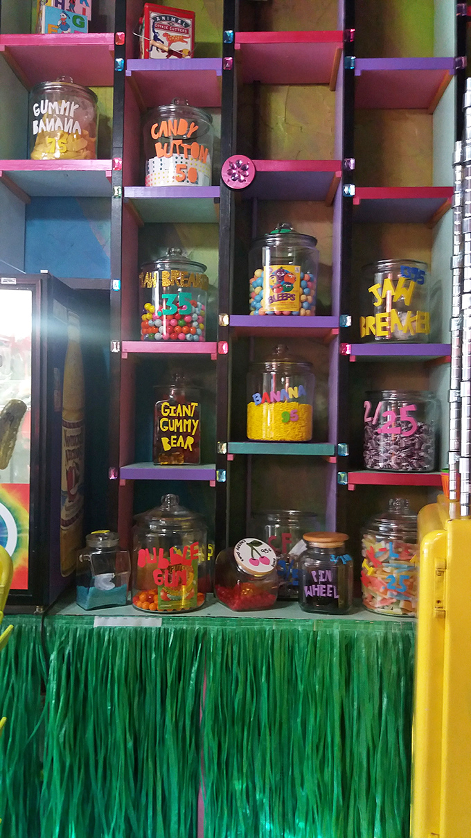 Glass jars filled with colorful treasures line the shelves, each one a portal to sweet memories and future sugar rushes.