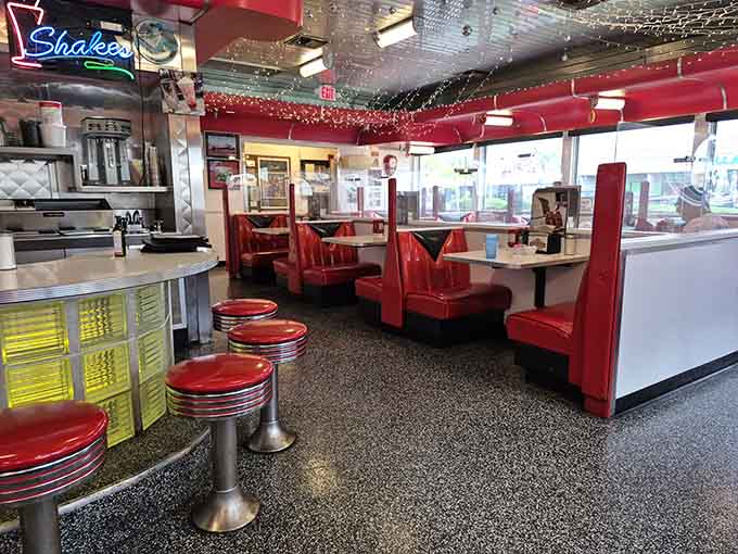 Red vinyl booths and checkered floors create the perfect setting for pancakes, conversation, and pretending smartphones were never invented.