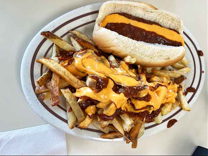 Melty cheese cascades over a perfectly grilled dog, while those fries stand ready for their supporting role in your impending food coma.
