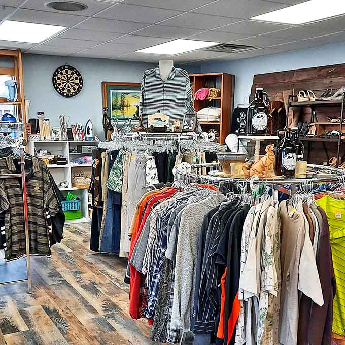 Inside, the meticulously organized clothing section transforms thrift shopping into a boutique experience without the boutique prices.