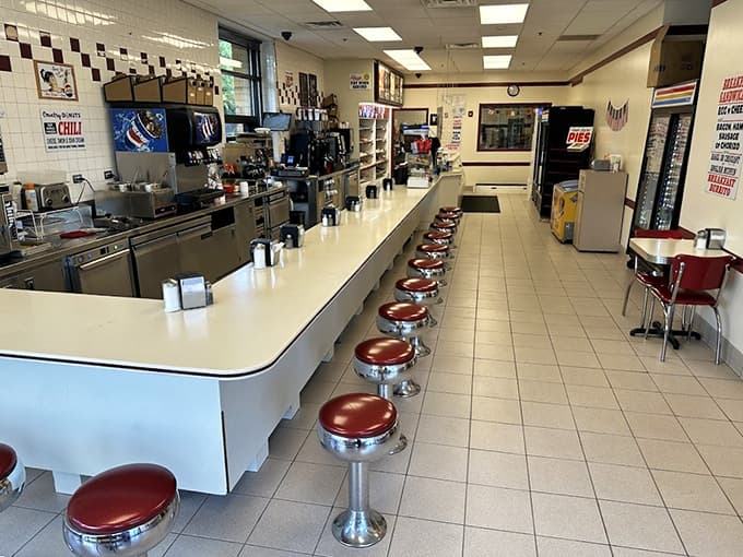 Those chrome stools and classic counter setup create the perfect vintage diner vibe for enjoying your morning sugar fix.