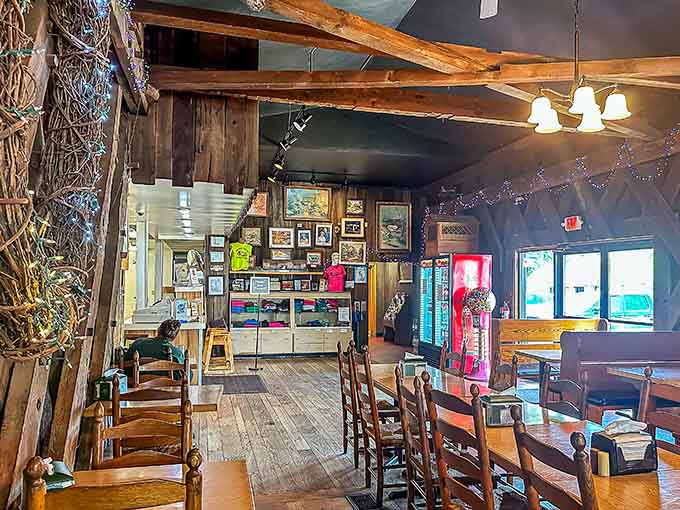 Inside, rustic beams and cozy wooden booths create an atmosphere that says "forget your diet, you're here for comfort now."