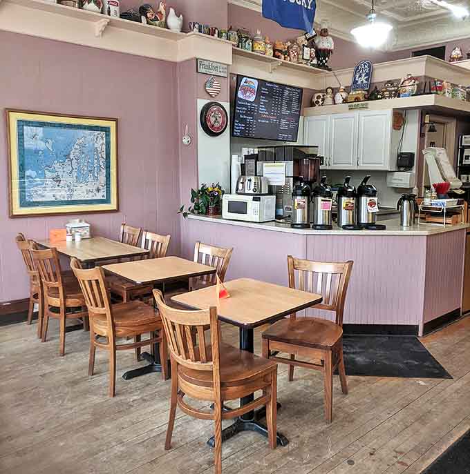 Cozy pink walls and wooden tables create the perfect small-town vibe where locals linger over coffee and visitors plan their return before they've even left.