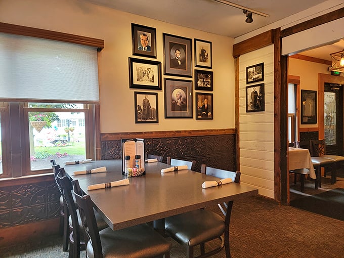 Dining Room: Historical photographs line the walls, telling silent stories of community gatherings while diners create new memories below.