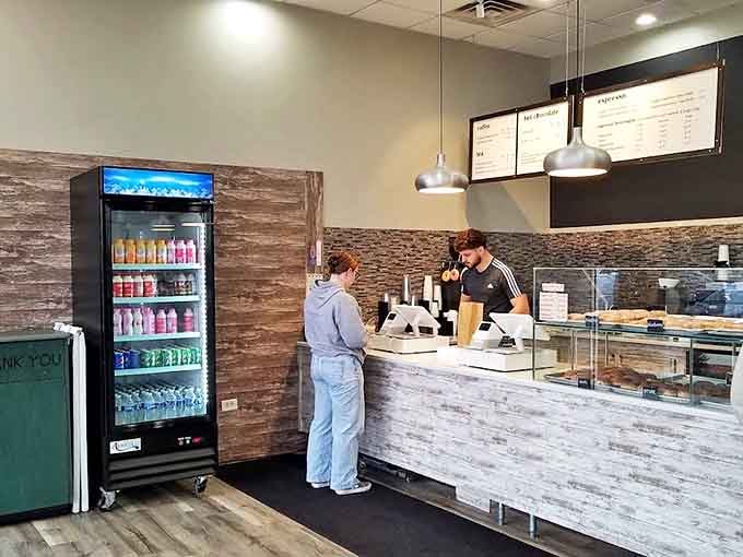 Clean lines, whitewashed wood, and modern pendant lighting create the perfect stage where the real stars &ndash; those magnificent donuts &ndash; can shine.