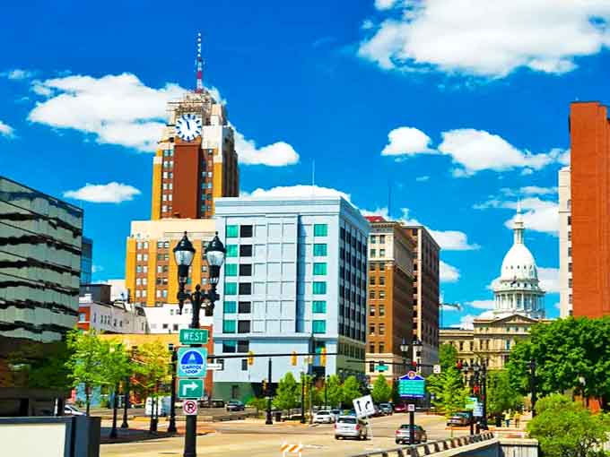 Downtown Lansing's skyline blends historic architecture with modern buildings, creating a visual timeline of the city's evolution under Michigan's famously dramatic skies.