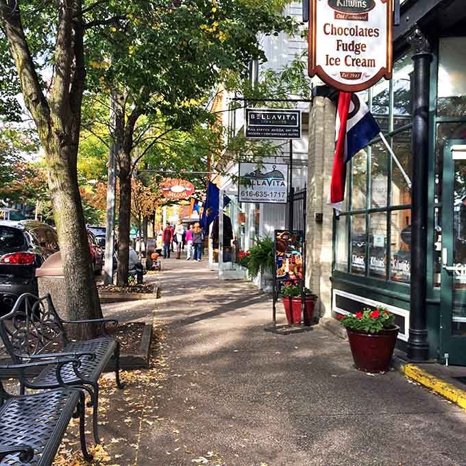 Downtown Saugatuck's charming streetscape &ndash; where every shop seems to whisper "come in, stay awhile" and time moves at the perfect vacation pace.