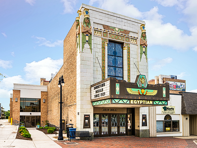 The Egyptian Theatre's dazzling Art Deco facade transports visitors to another era, its vibrant colors and hieroglyphic details promising magical entertainment within.