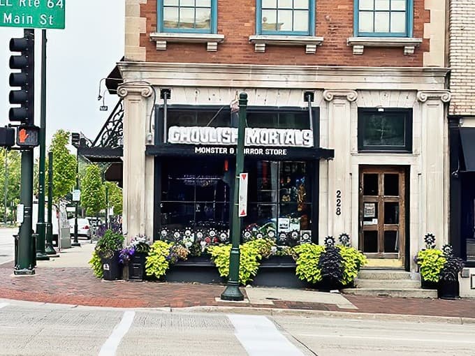 Front View: The historic brick facade plays straight man to the outlandish purple and green appendages, creating downtown Waukesha's most photographed architectural oddity.