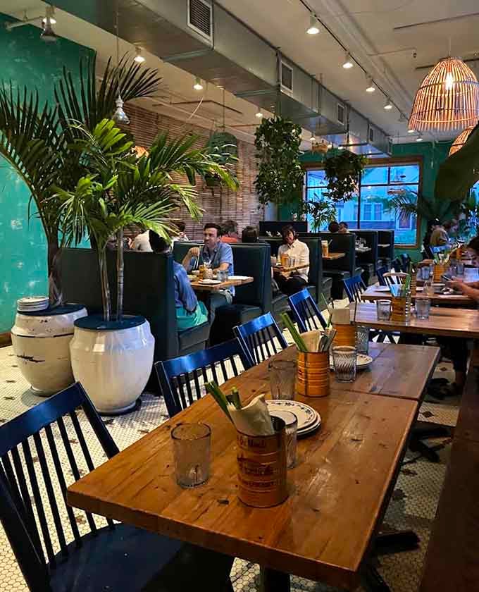 Step inside and you're transported: tropical plants, colorful patterns, and an energy that says tonight's going to be delicious.