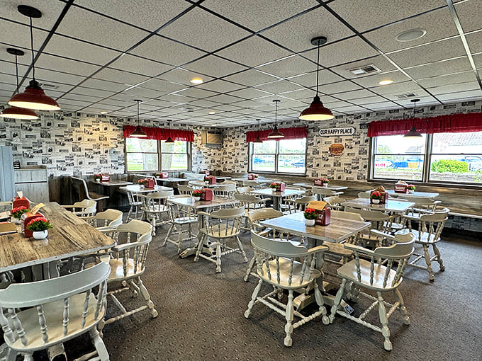 Newspaper-lined walls tell stories while white wooden chairs invite you to sit and stay awhile &ndash; nostalgia served alongside every scoop.