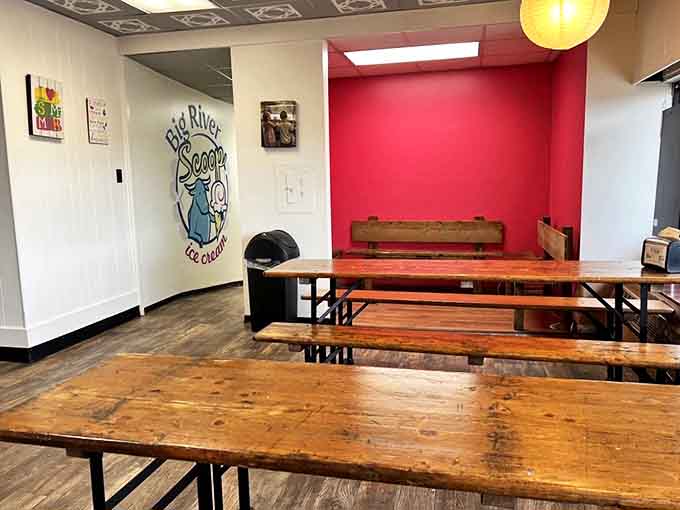 Rustic wooden tables create a warm, homey atmosphere where memories are made one scoop at a time.