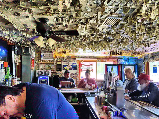 Money talks at Mary's, but the ceiling screams! Thousands of dollar bills create a currency canopy unlike anything you've seen.
