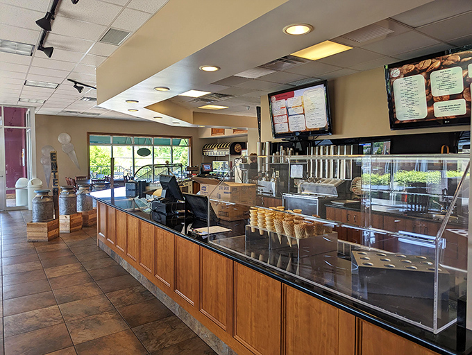 The counter at Z's isn't just a service area &ndash; it's a stage where ice cream dreams come true, complete with waffle cones standing at attention.