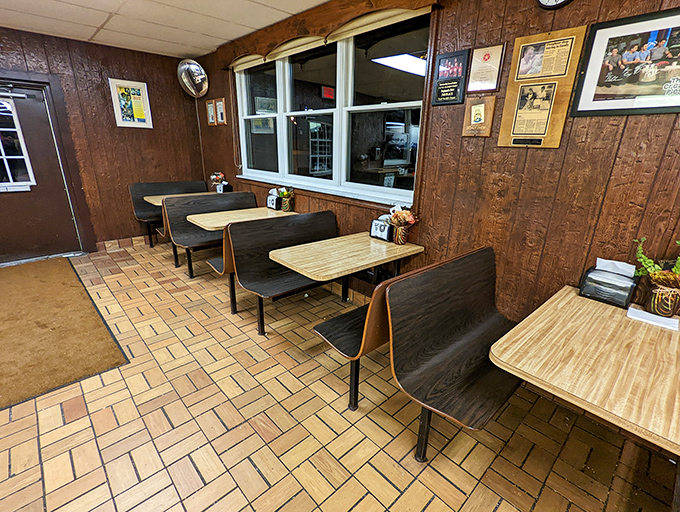 Interior: Wood-paneled walls and vintage booths transport you to simpler times, where conversations flow as freely as the coffee.