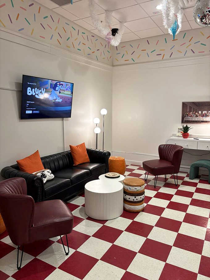 The lounge area feels like your coolest friend's apartment, if that friend happened to be obsessed with ice cream and had a flair for retro-modern design.