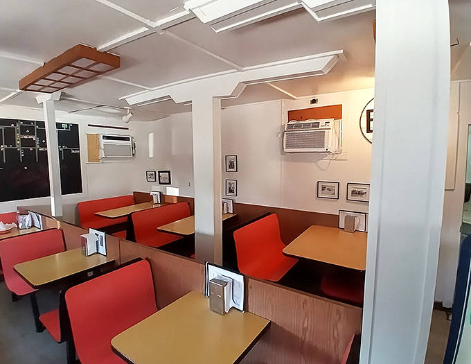 Inside, time stands still with bright orange booths and simple tables &ndash; not designed to be retro, just never saw a reason to change perfection.