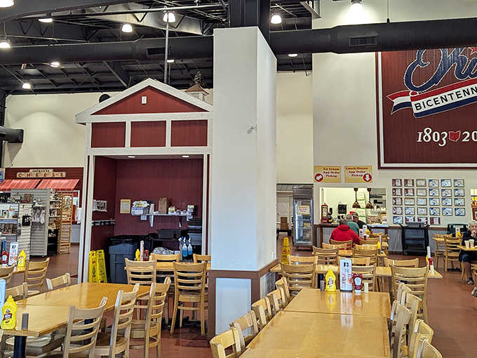 Inside, the spacious dining area welcomes families with warm wood tones and farm-inspired touches. The perfect setting for ice cream-induced happiness!