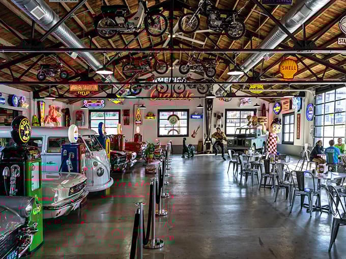 Motorcycles suspended from wooden rafters, vintage cars gleaming below&mdash;this isn't just a restaurant, it's an automotive museum where you can order pancakes!