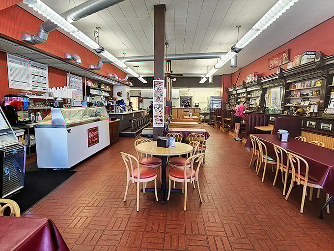 Step inside and time slows down&mdash;brick-red walls, wooden booths, and the gentle hum of conversation create soda fountain magic.