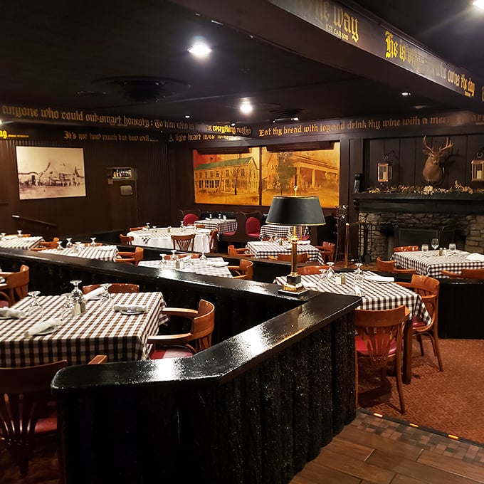 Step inside to discover a dining room where history lives in every corner &ndash; black-and-white checkered tablecloths and golden proverbs adorning dark wood walls.