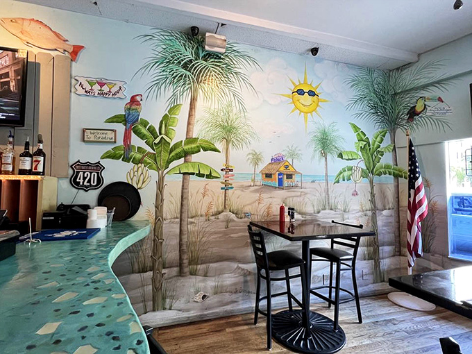 Beach vibes abound with whimsical wall murals transporting diners to a coastal paradise &ndash; that sun's seen some things!