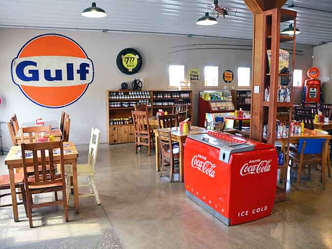 Vintage meets comfort in this dining space where the iconic Gulf sign watches over wooden tables that have hosted countless "mmm" moments and happy food comas.