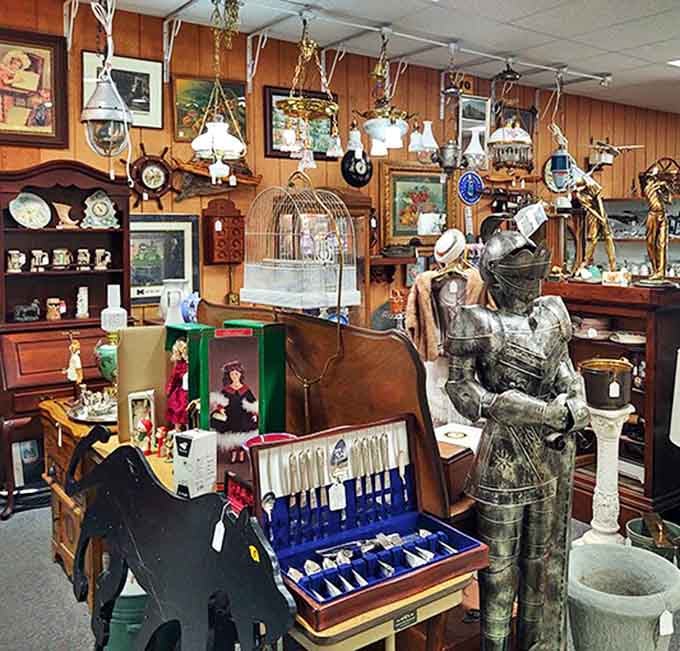 Knights in shining armor stand guard over vintage treasures, creating the feeling you've stumbled into someone's eccentric but fascinating dream collection.