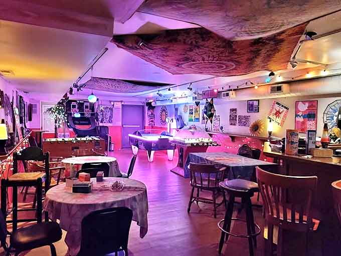 Step inside and let the purple haze wash over you in this basement paradise of peace and good vibes.