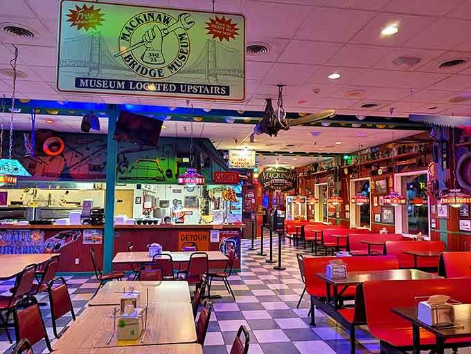 Step inside to a wonderland of checkered floors, red vinyl booths, and unexpected bridge memorabilia hanging from every corner of the vibrant dining area.
